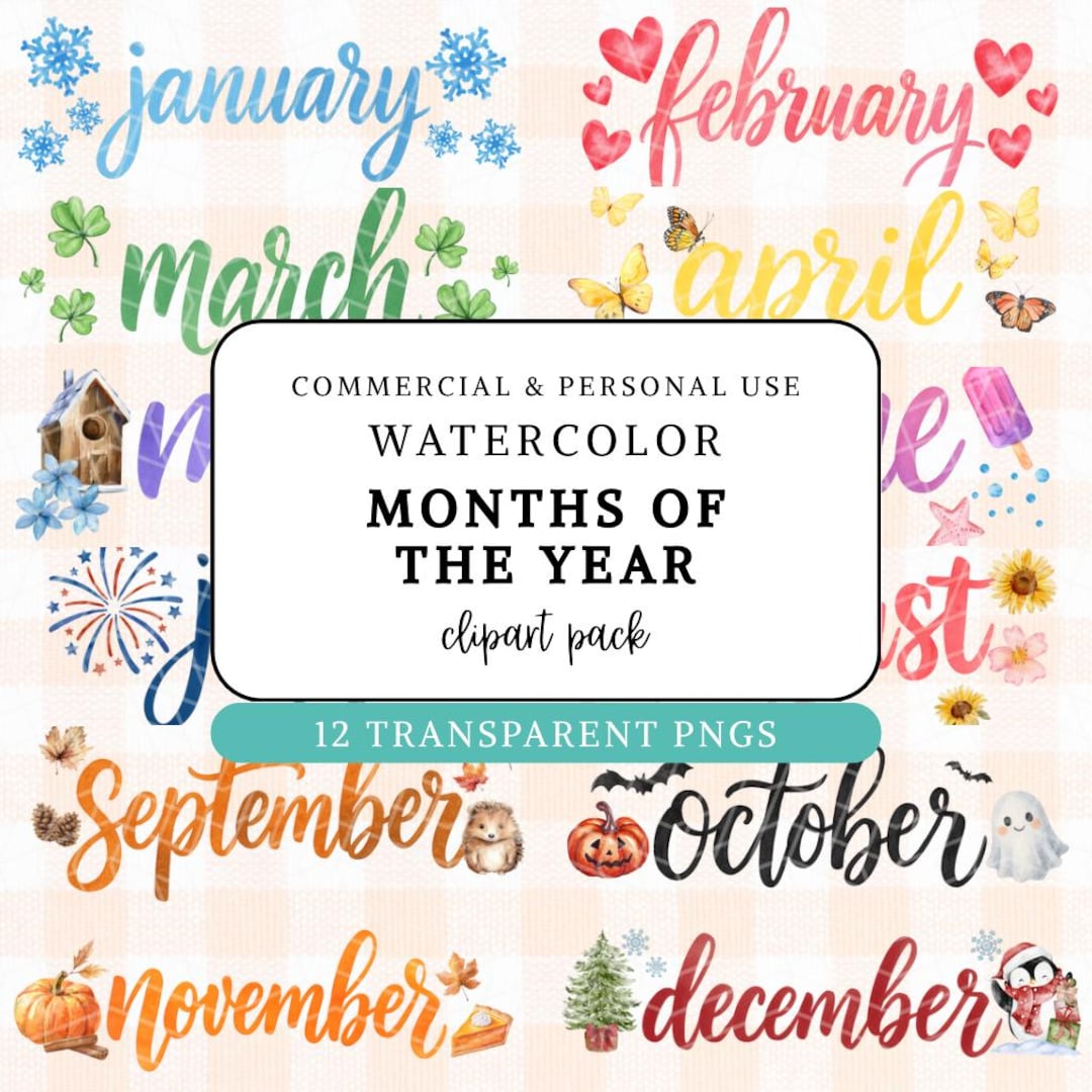 Watercolor Months of the Year Clipart: Hand-lettered PNG Bundle (300 ...