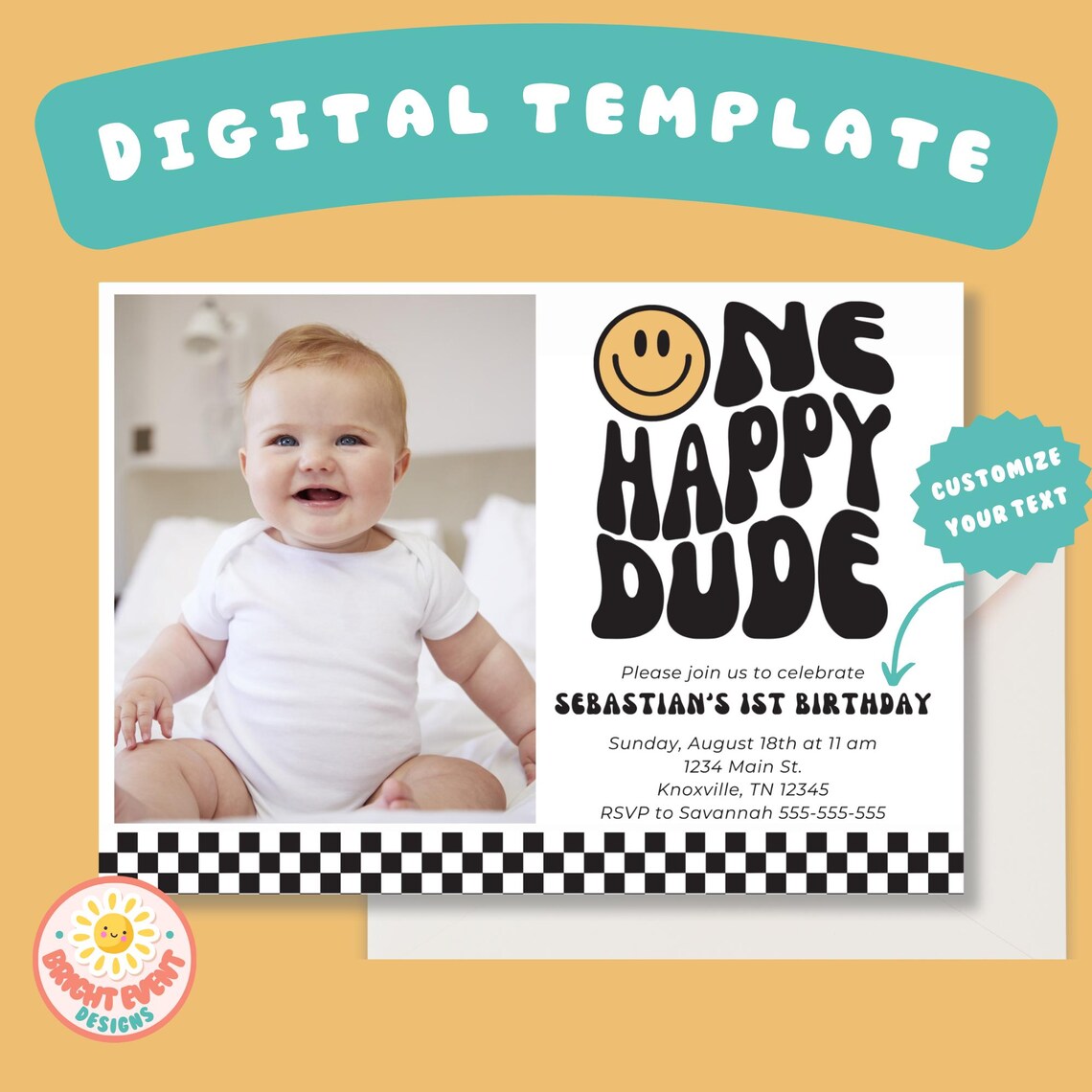 One Happy Dude Birthday Invitation Template: Retro First Birthday ...