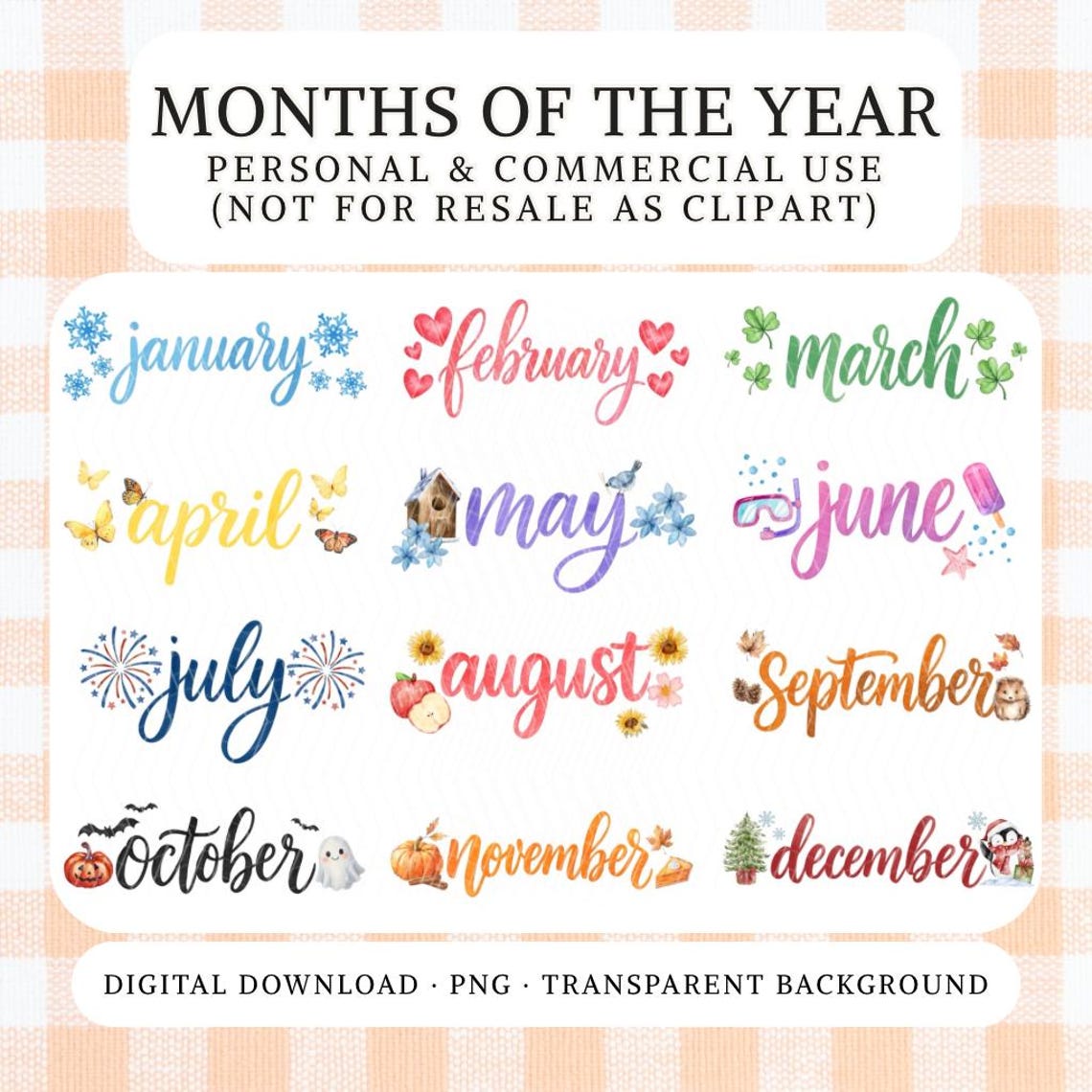 Watercolor Months of the Year Clipart: Hand-lettered PNG Bundle (300 ...