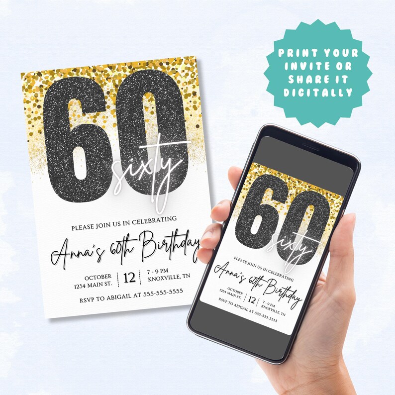 Chic 60th Birthday Invitation - Personalized Party Invite, Elegant ...