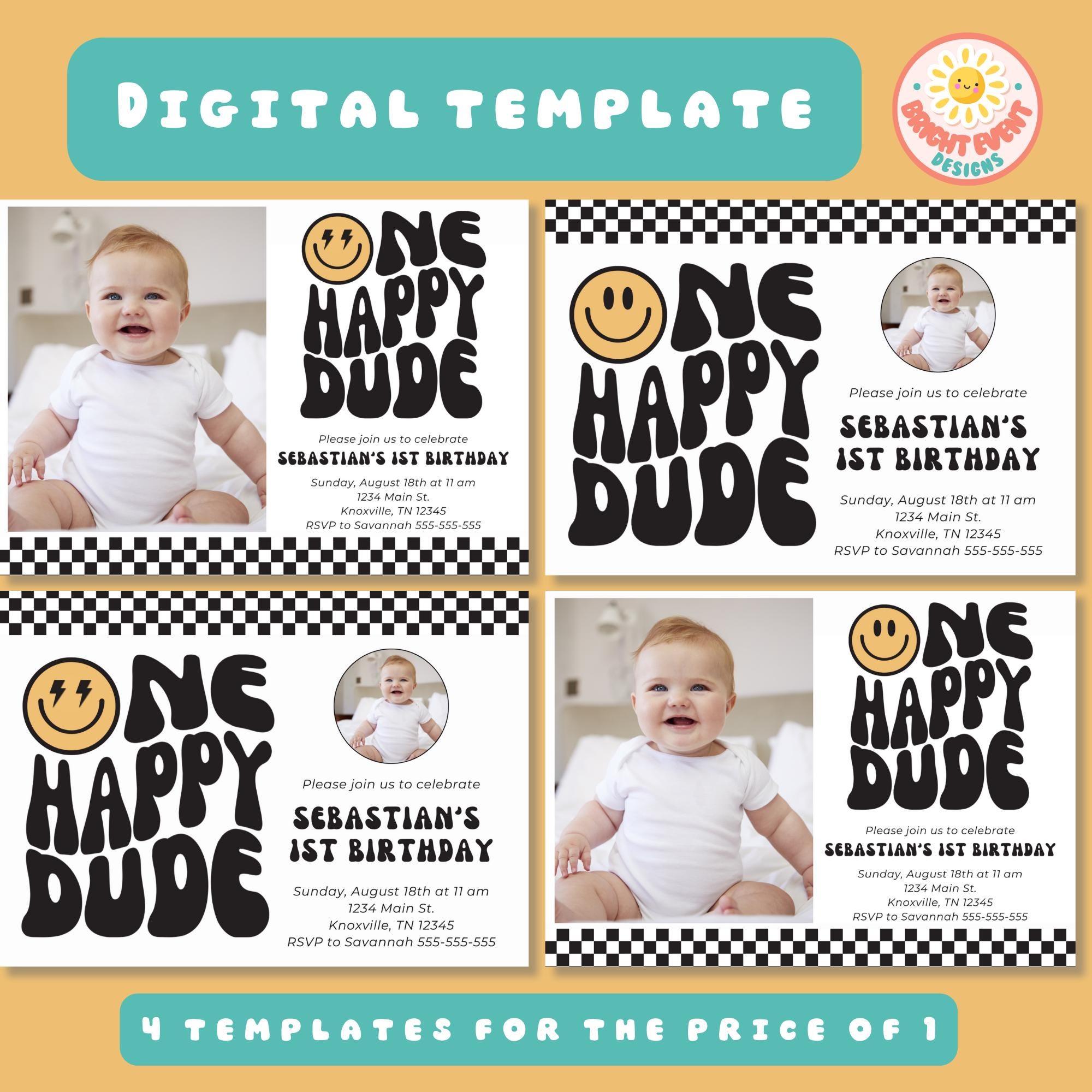 One Happy Dude Birthday Invitation Template: Retro First Birthday ...