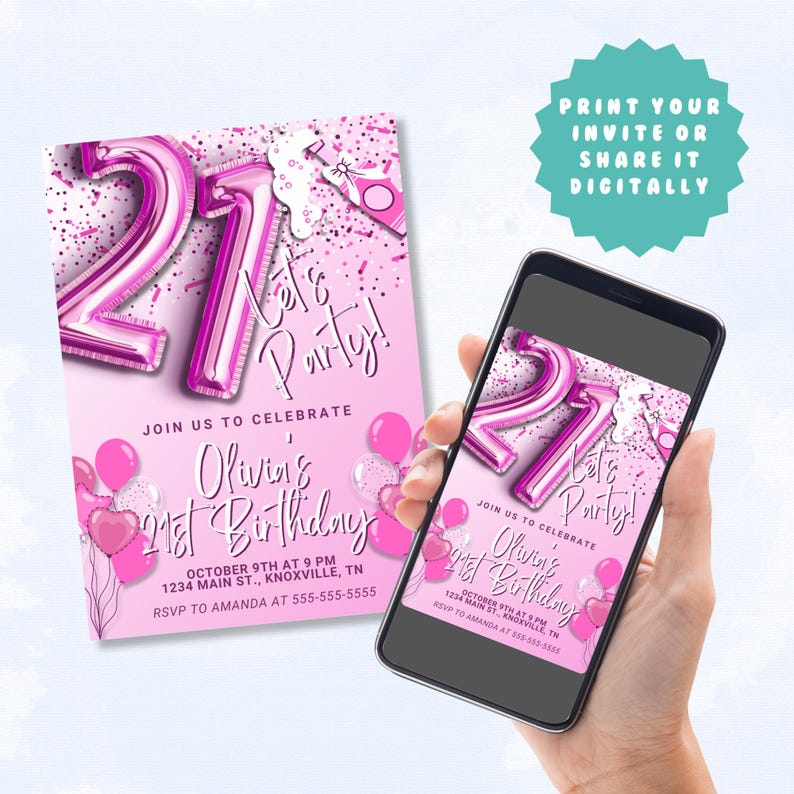 Pink 21st Birthday Invitation Template - Let's Party - Etsy