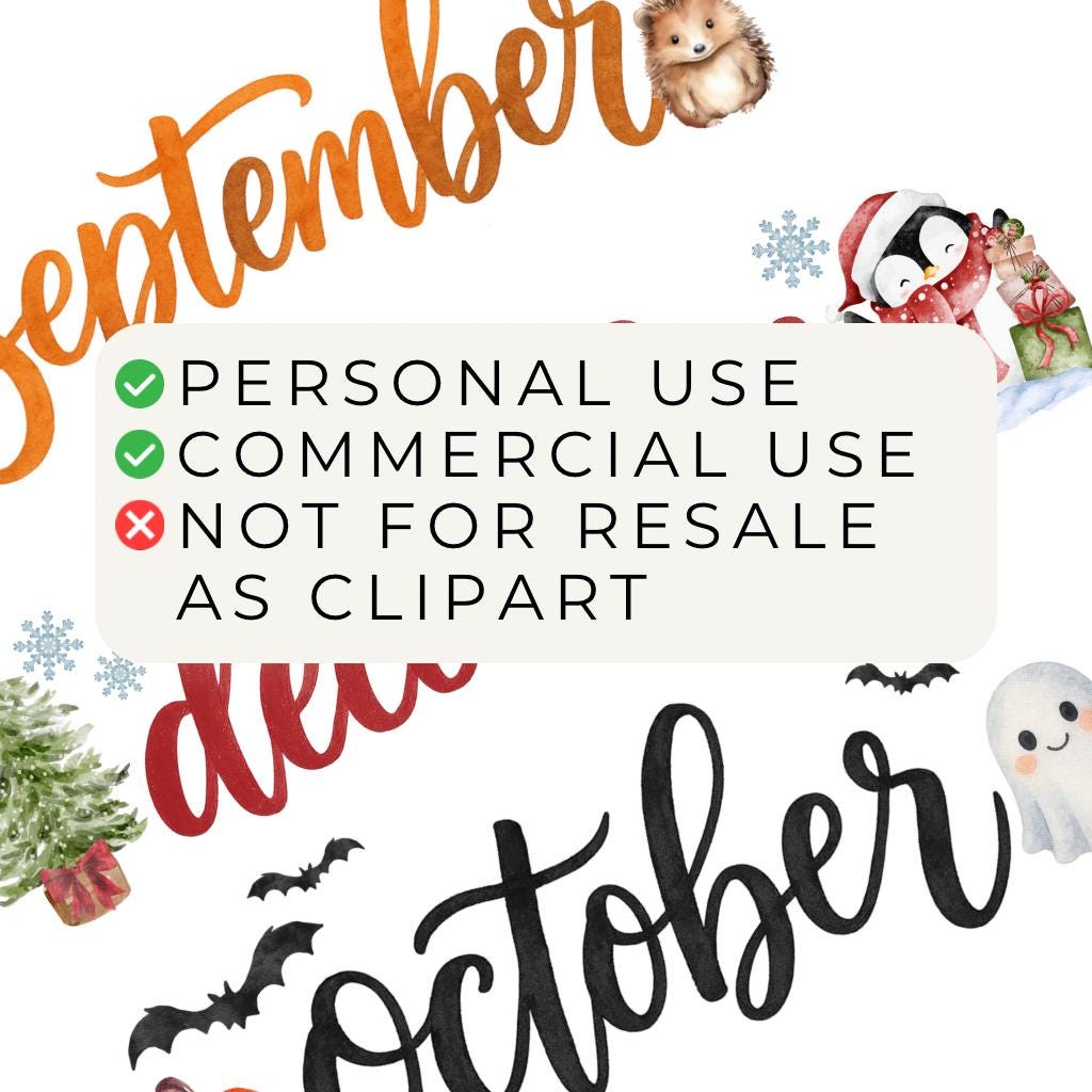 Watercolor Months of the Year Clipart: Hand-lettered PNG Bundle (300 ...