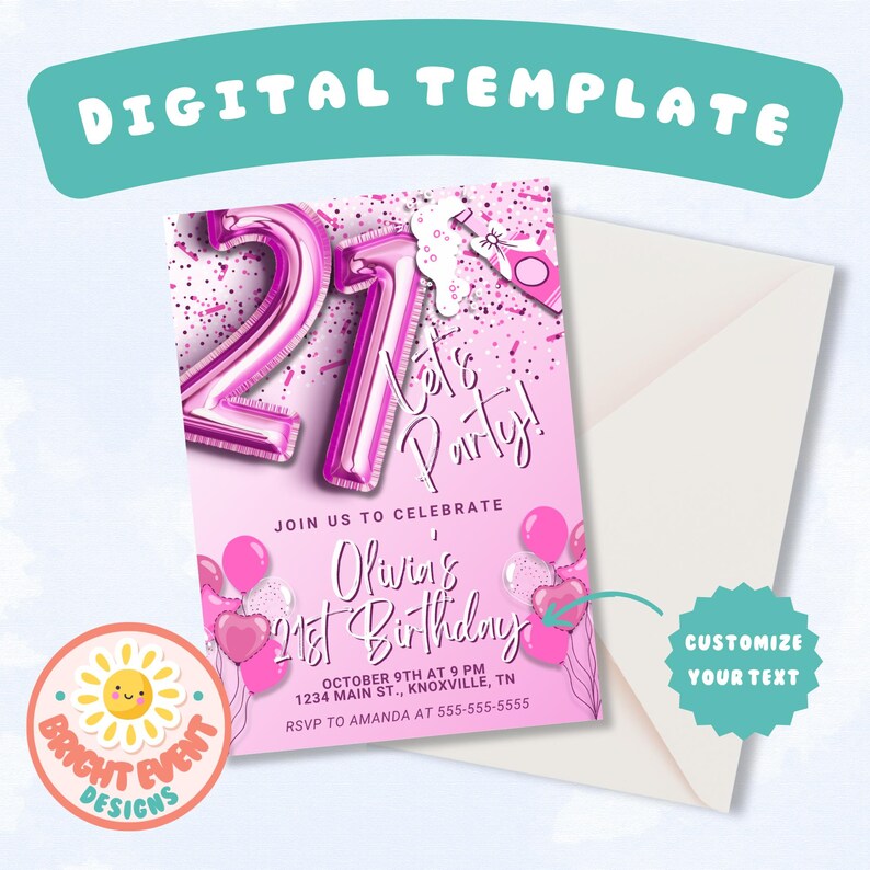 Pink 21st Birthday Invitation Template - Let's Party - Etsy