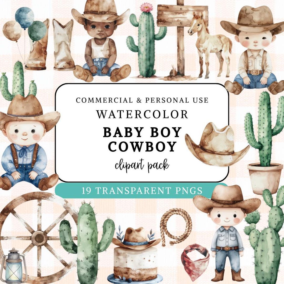 Watercolor Cowboy Clipart Set: Baby Shower and Birthday Western Pngs ...
