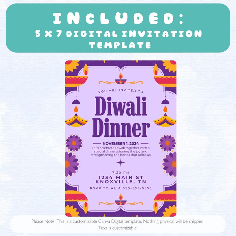 Editable Diwali Dinner Invitation, Hindu Festival of Lights, Deepavali ...