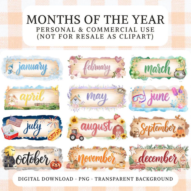 Watercolor Months of the Year Clipart: Hand-lettered PNG Bundle (300 ...