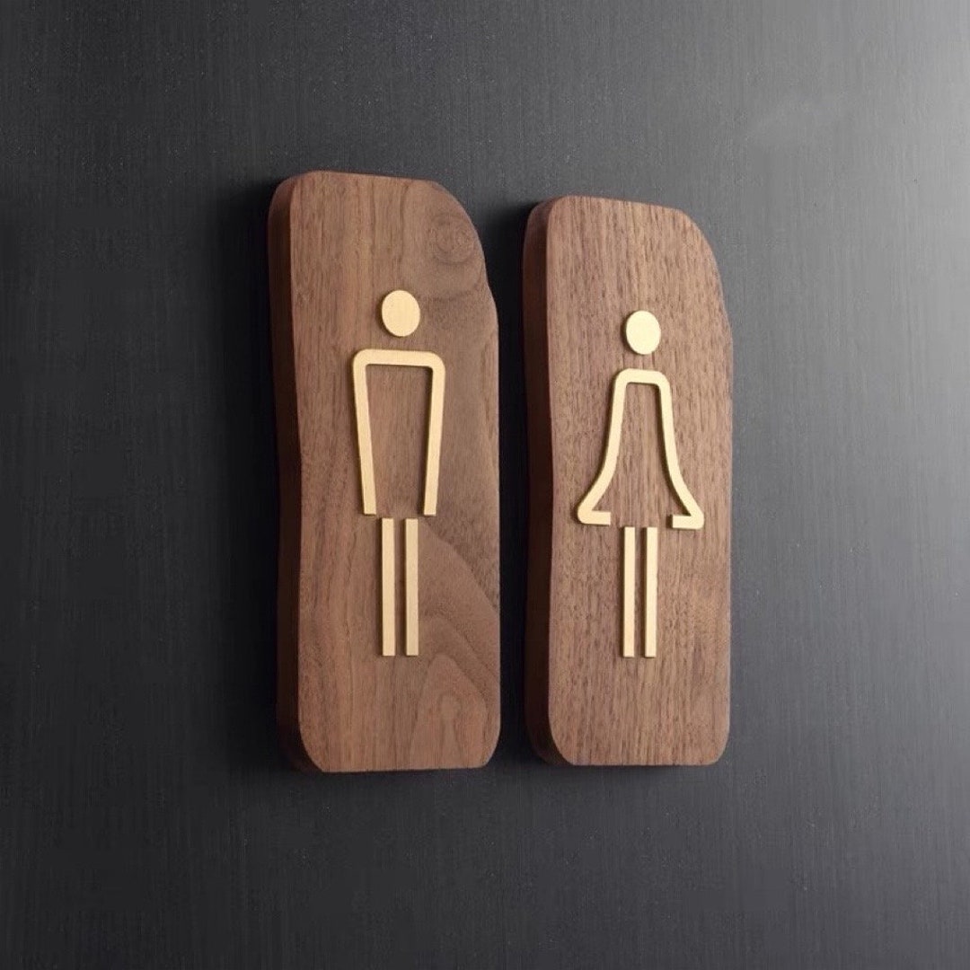 Custom Walnut Wood With Brass Washroom Sign, Bathroom Sign, Restroom ...