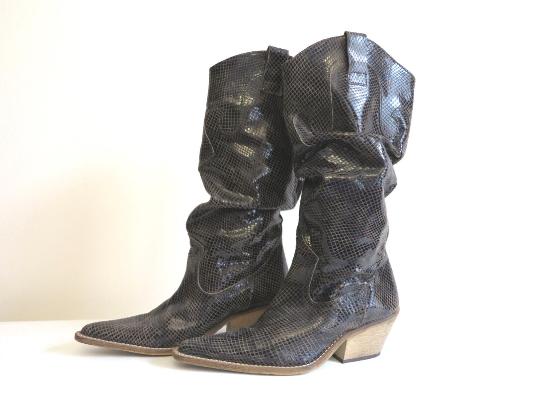 Cowboy Western Boots Dark Brown Genuine Leather Faux Snake Skin ...
