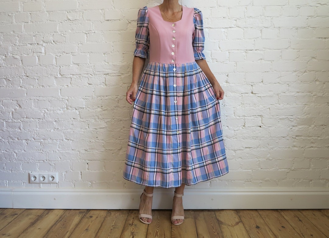 Light Pink Blue Plaid Dirndl Dress Alpen Style German Austrian Bavarian ...