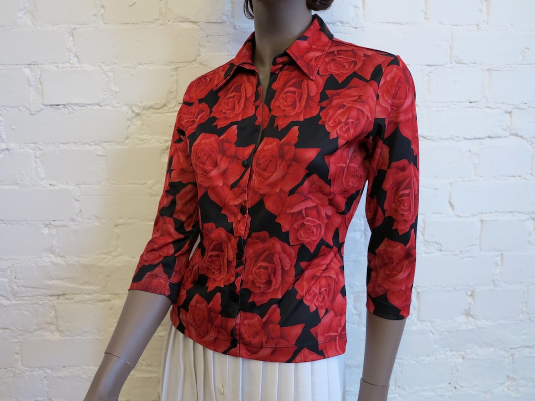 Vintage 90s Black Red Roses Print Blouse 3/4 Sleeves Lycra Top Womens ...