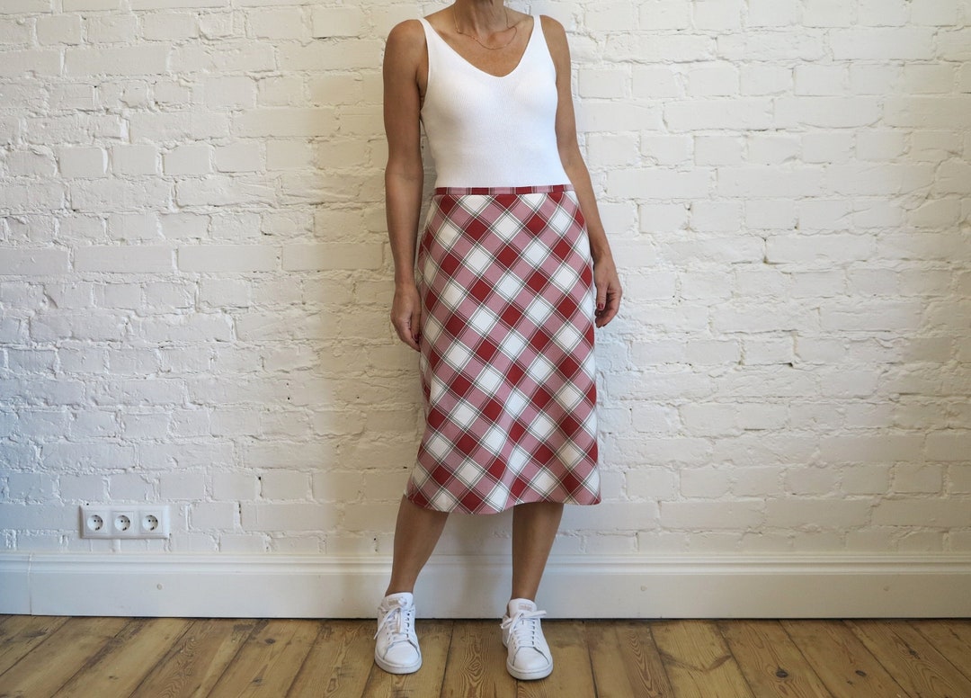 Red Beige Plaid Skirt Plaid Knee Skirt Diagonal Checkered A Line Skirt ...