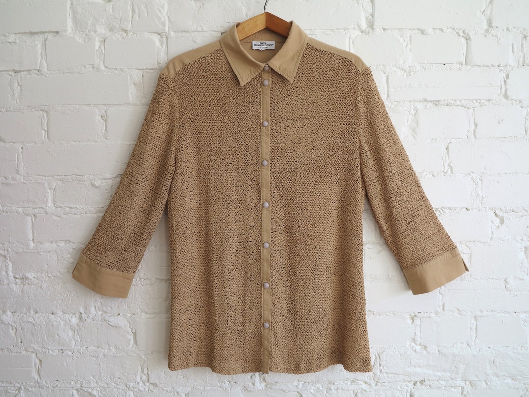 Light Brown Mesh Blouse 3/4 Sleeves Mesh Shirt Stretchy Womens Top ...