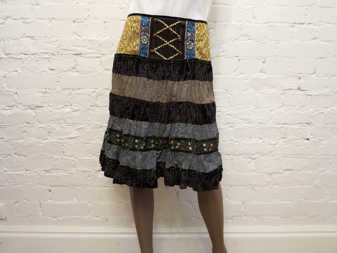 Brown Ruffled Skirt Mixed Fabrics Ruffled Skirt Crushed Velvet Skirt ...