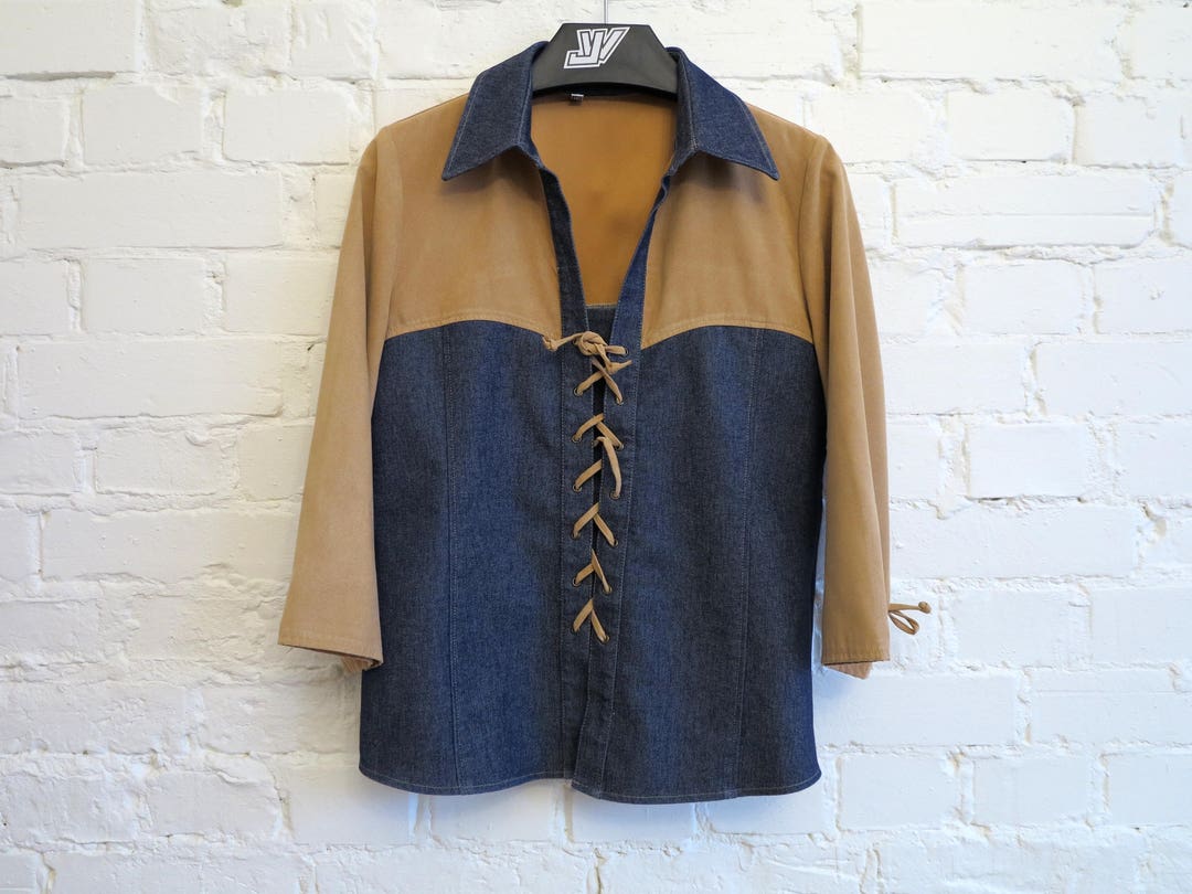Blue Denim Blouse Beige Colorblock Womens Shirt Country Western Blouse ...