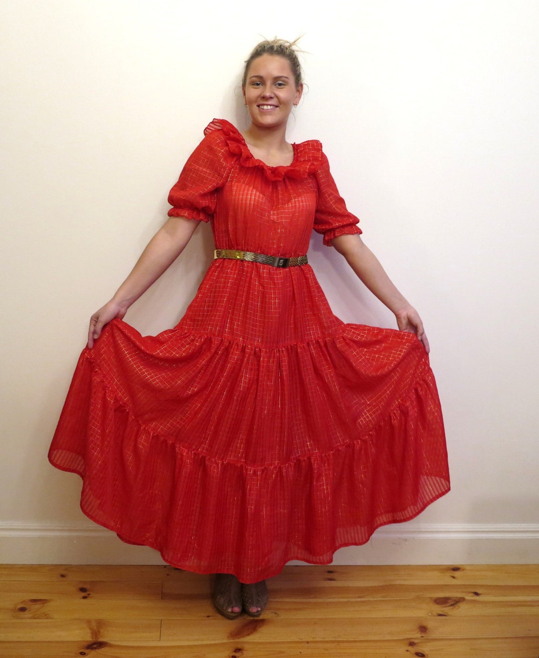 1980s Hot Red Dress Long Dress Short Sleeves Dress Ruffled Dress Red ...
