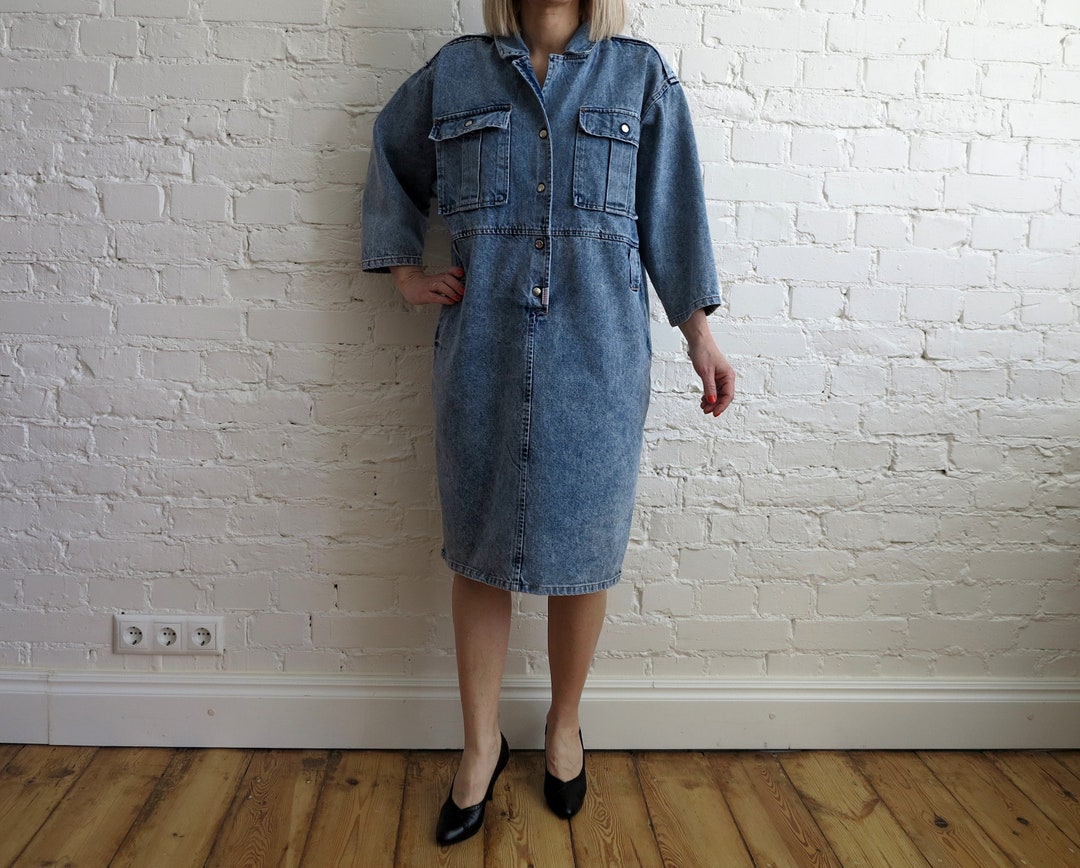 Vintage 80s Acid Washed Blue Denim Dress Button up Bodice 3/4 Sleeves ...