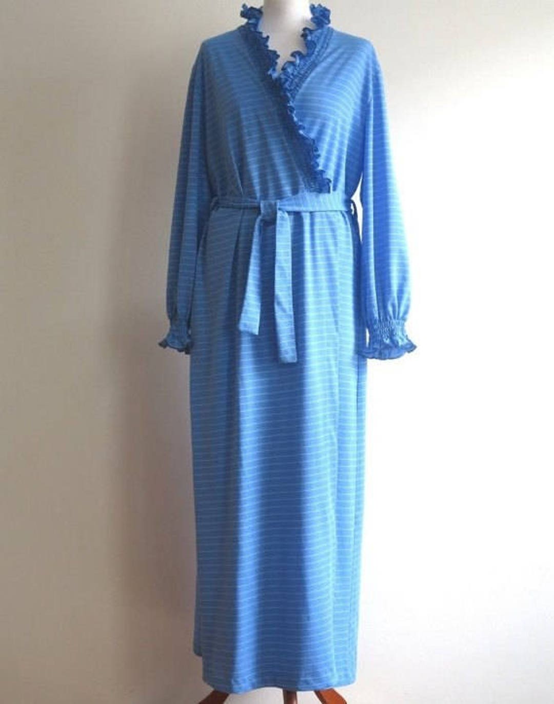 Light Blue Striped Long Robe Womens Sleepwear Maxi Wrap Home Dress ...