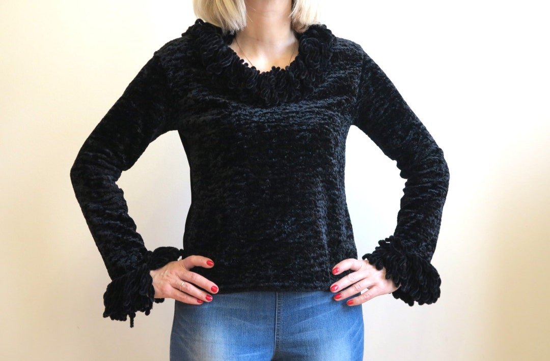 Black Velvet Top Black Velvet Blouse Velvet Sweater Black Fringe ...
