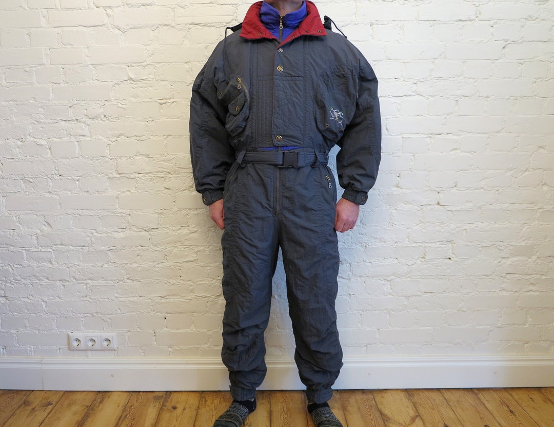 Vintage 90s Mens One Piece Ski Suit Grey Snowsuit Hipster Snow Pants ...