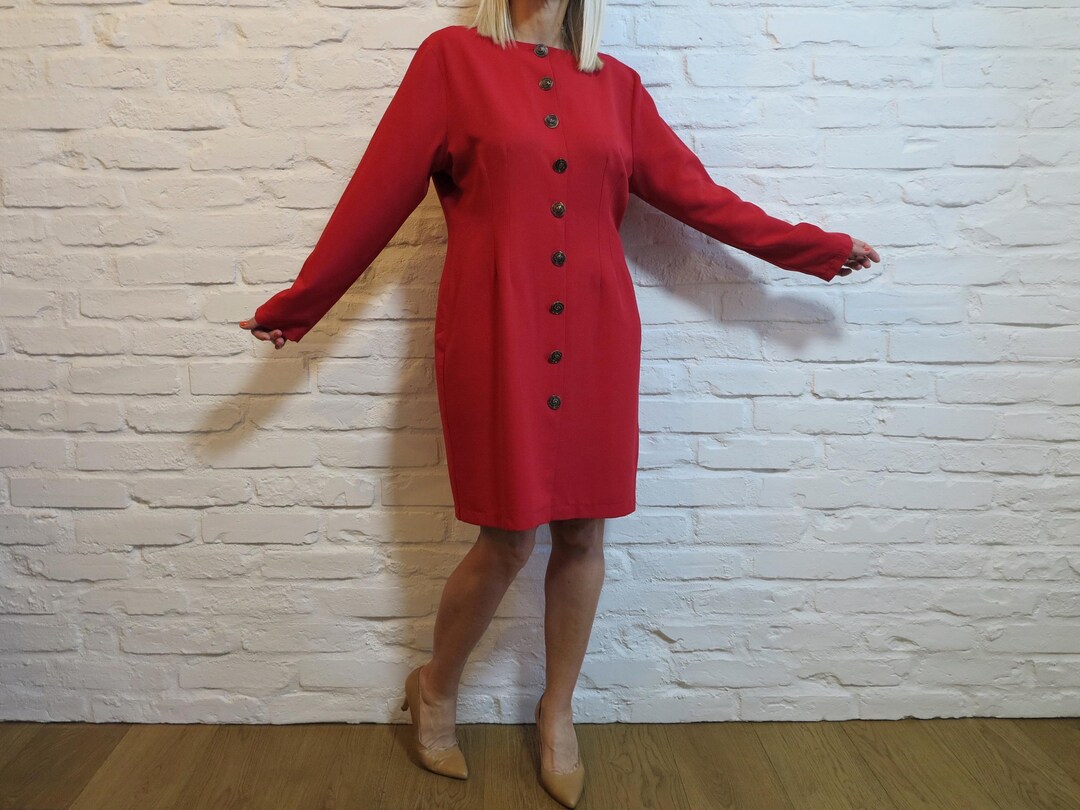 Vintage 1980s Red Button-down Dress, Long Sleeve Secretary Style, Extra ...