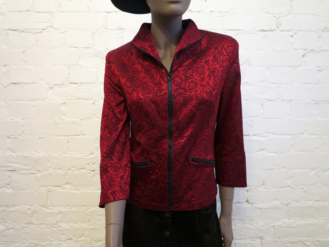 Red Floral Jacket Floral Elegant Evening Jacket With Zipper Closure ...