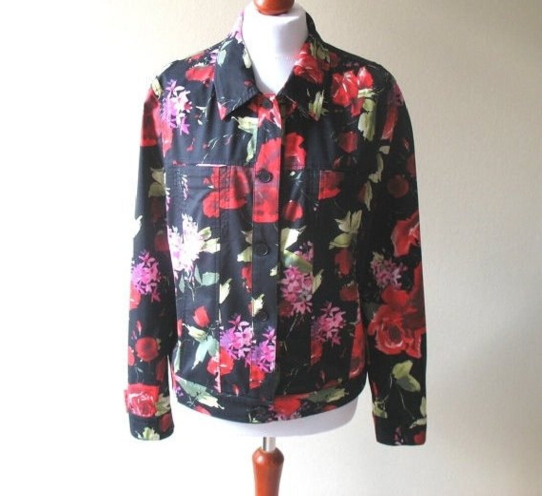 Black Jacket Red Green Floral Print Jacket Floral Blazer Cotton Blend ...