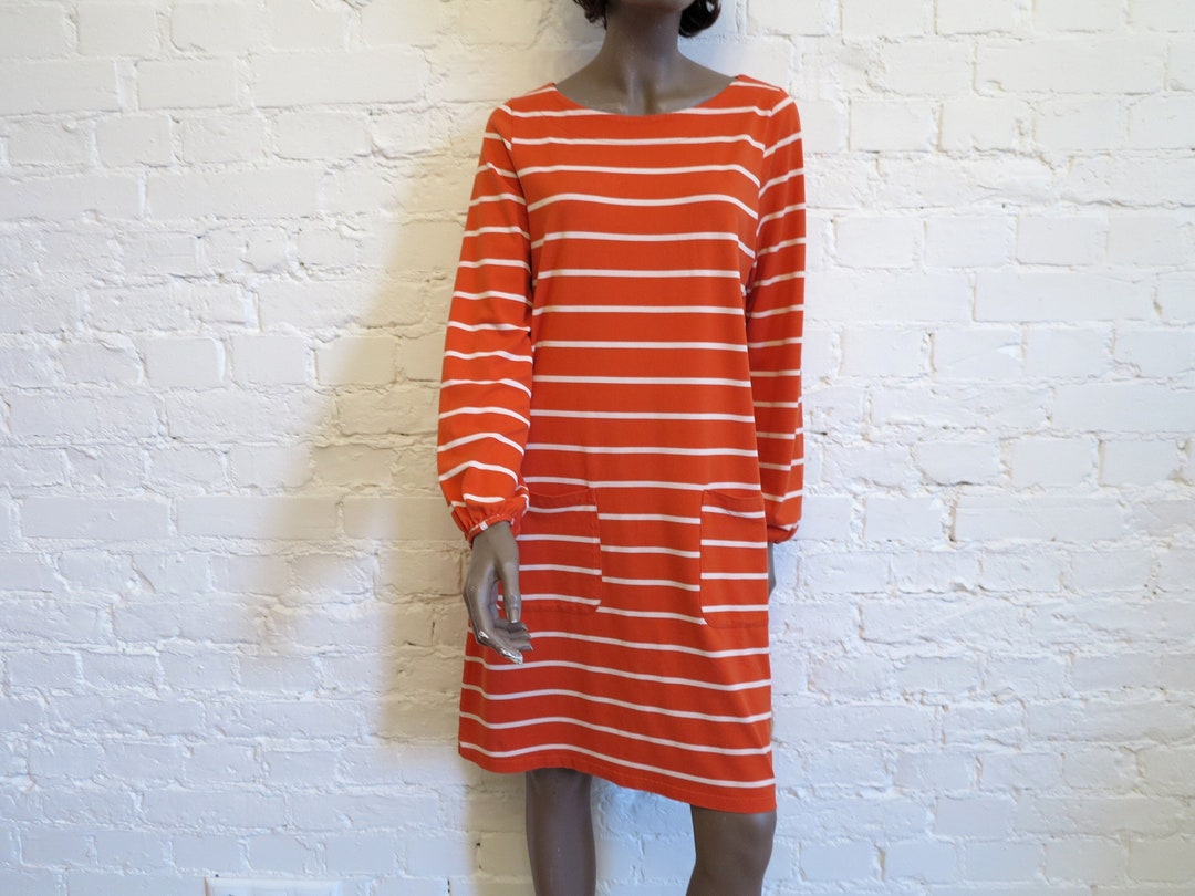 Vintage NANSO Dress Women's Knee Corall Red White Striped Dress Long ...