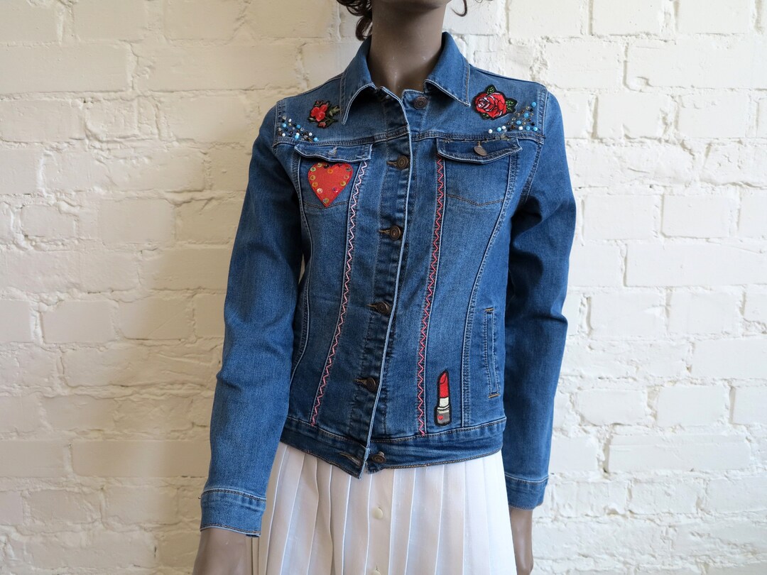 Womens Denim Jacket Applique Blue Denim Jacket 90s Denim Blazer Long ...