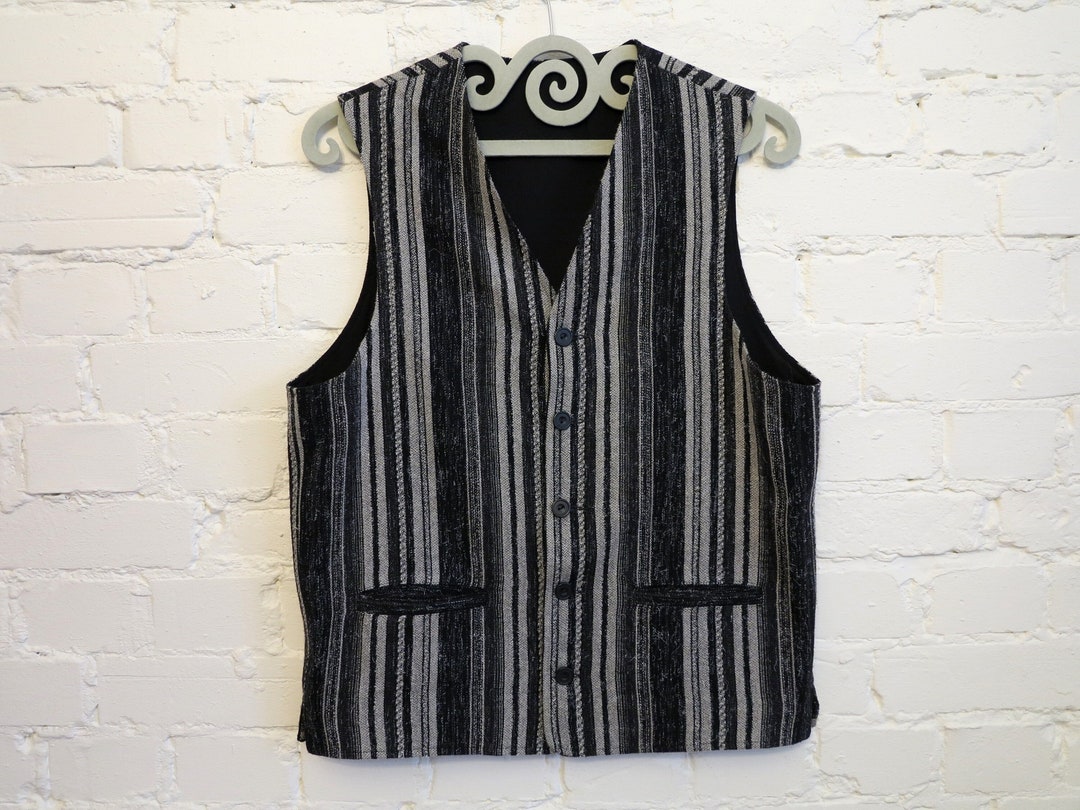 Black Grey Striped Mens Vest Steampunk Formal Cotton Blend Waistcoat Gilet for Men Medium to ...