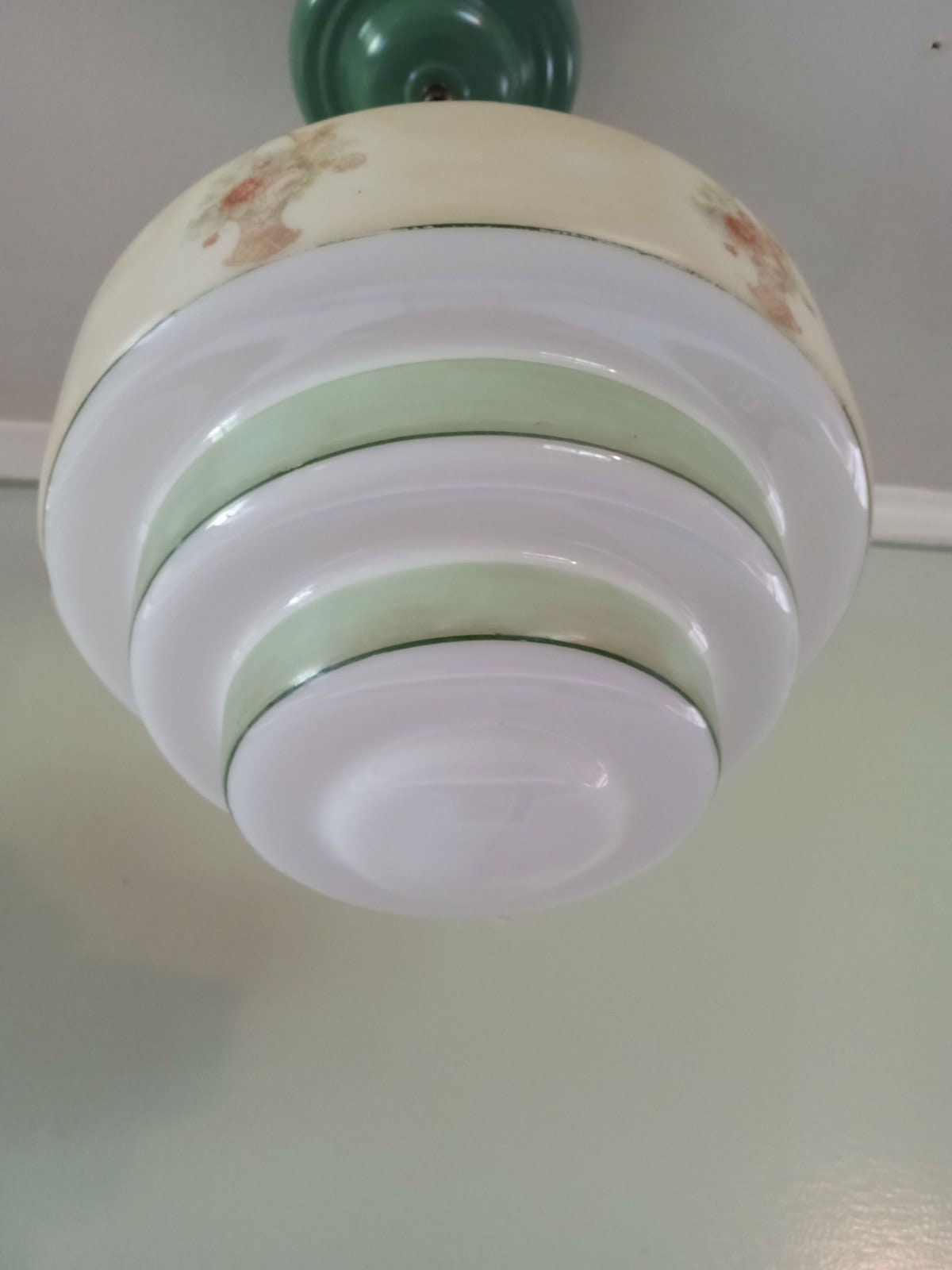 Vintage 3 Tier Pendant Light Gill Glass 1930s Green and White with ...