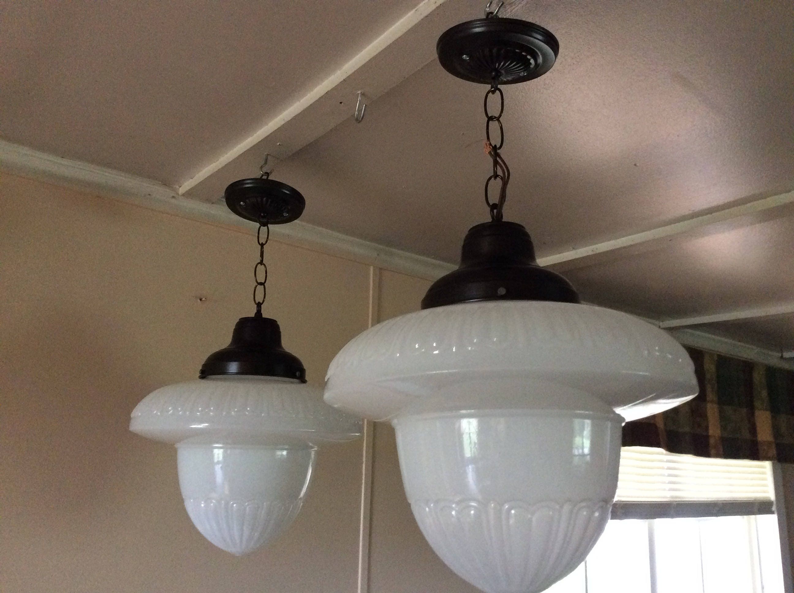 Vintage Pair Large Acorn Pendant Lights Milk Glass Art Deco Vintage 1910s