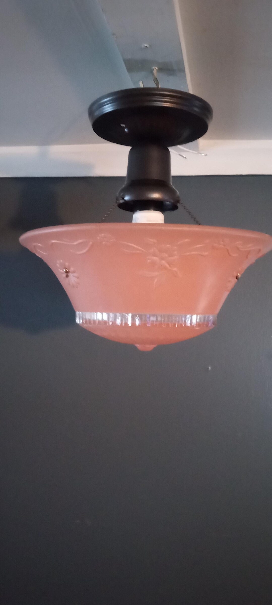 Antique Art Deco Deep Pink Glass Ceiling Light Fixture Oil Rubbed ...