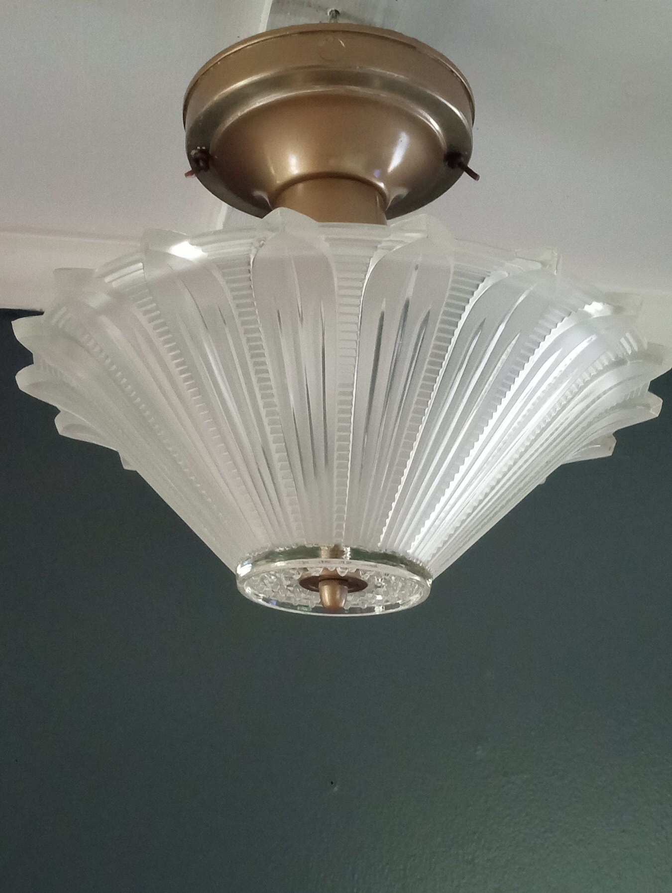 Antique Vintage Ceiling Light Fixture Sunburst Hobnail Rim 1940s Art Deco.