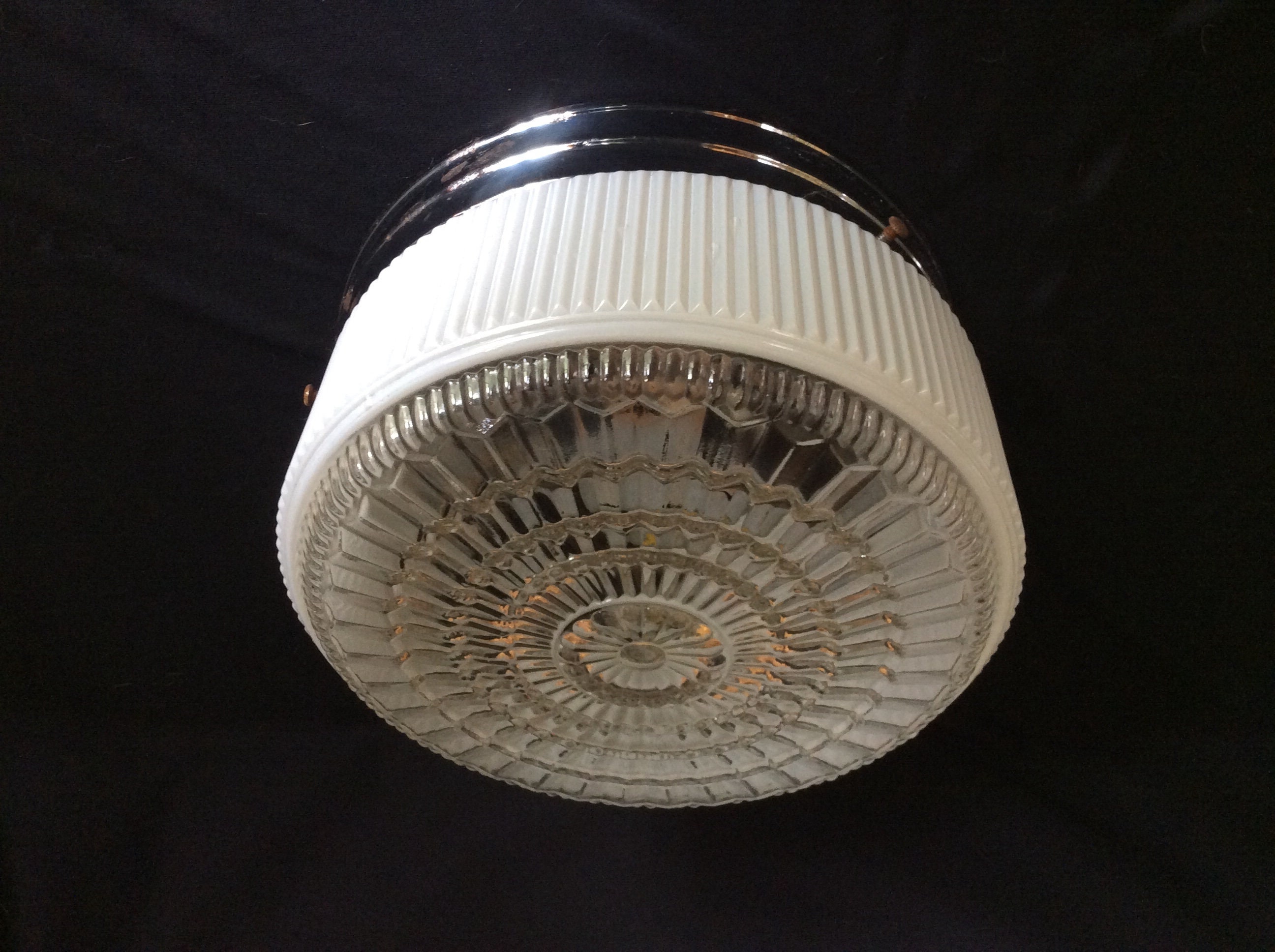 Vintage Milk Glass and Prismatic Glass Ceiling Light Fixture Art Deco ...