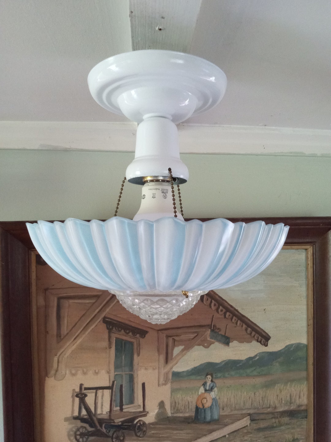 Antique Art Deco Semi Flush Blue Sunflower Ceiling Light - Etsy