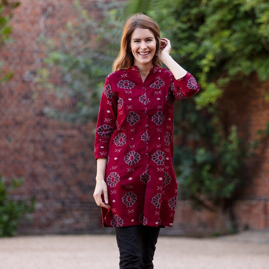 Ikat Tunic From Orissa - Deep Maroon and Grey Floral Motifs on Burgundy ...