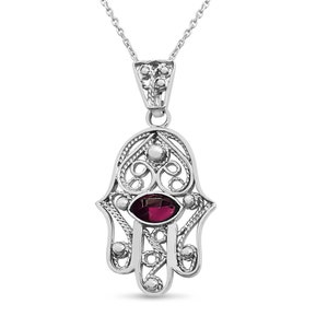 Red Garnet White Gold Hamsa Pendant, 14K Solid Gold Filigree Hand Yad ...