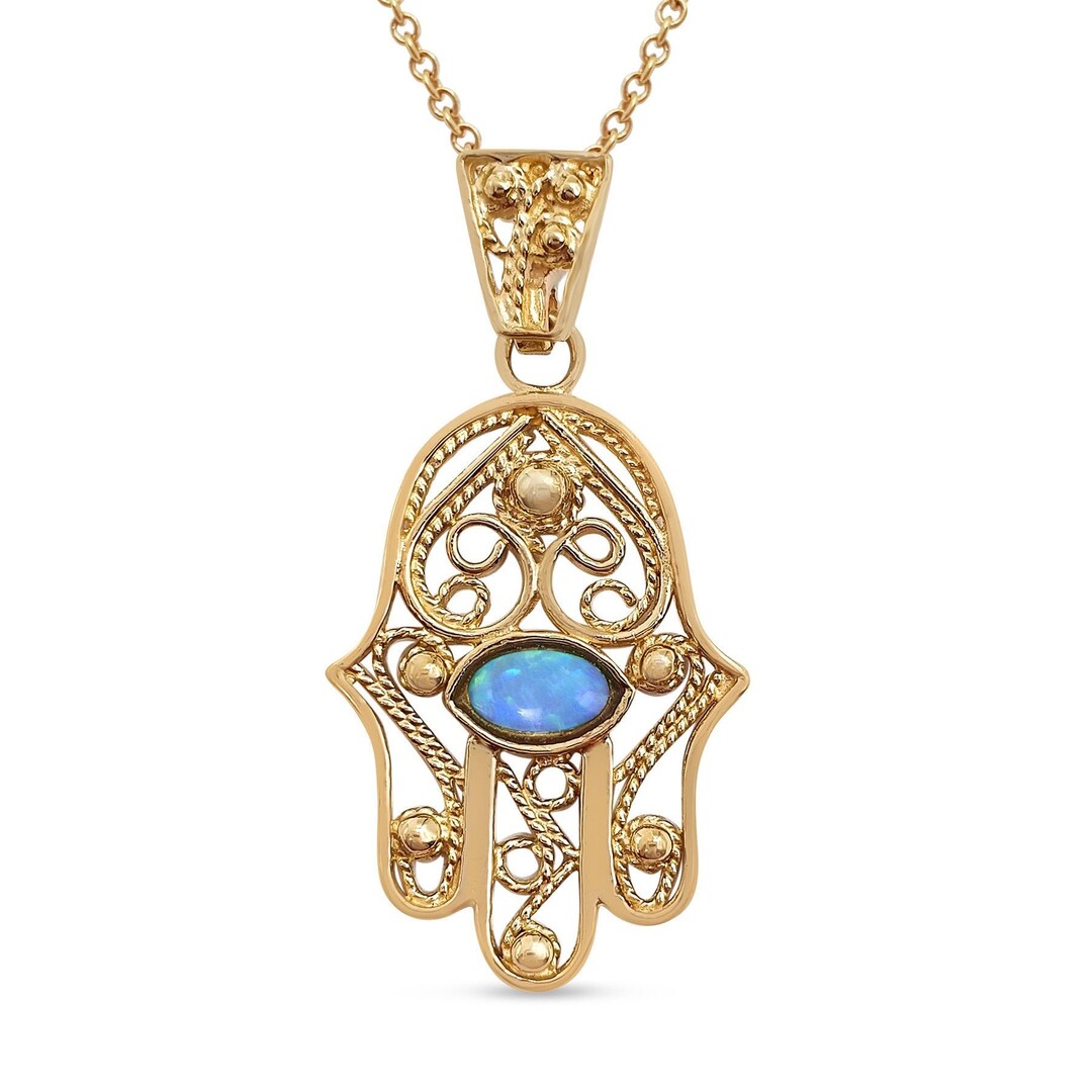 Blue Opal Yellow Gold Hamsa Pendant, 14K Solid Gold Filigree Hand Yad ...