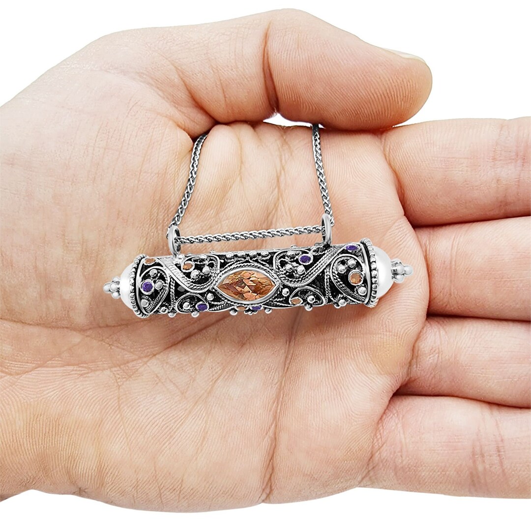 Two Sided Multi Stone Silver Jewish Mezuzah Locket Open Filigree ...