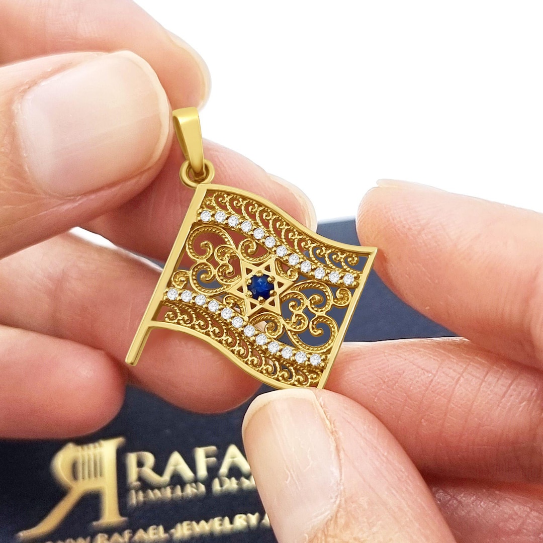 14K Yellow Gold Israeli Flag Filigree Jewish Necklace With Diamonds ...
