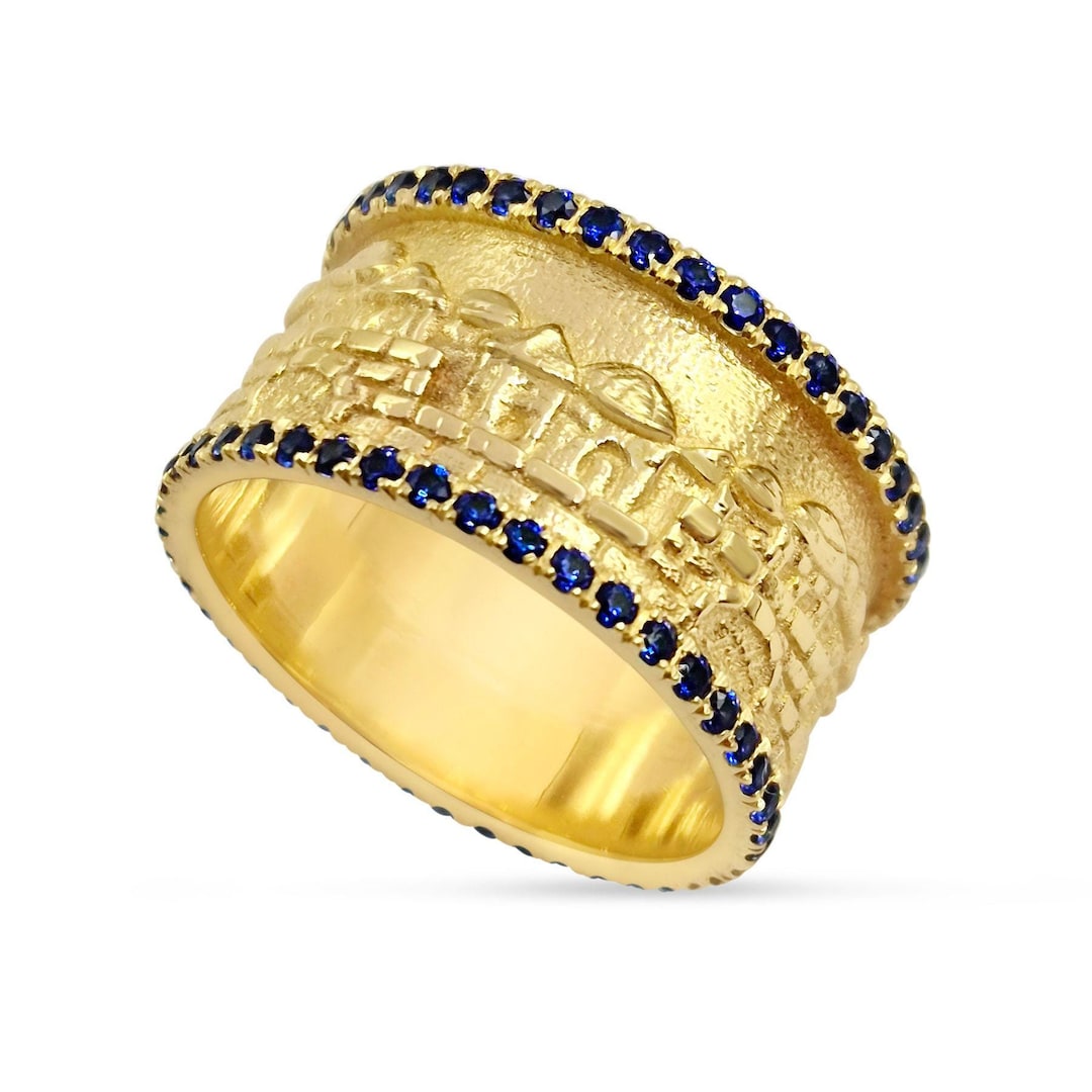 14K Gold Holy Jerusalem Band Blue Sapphire Judaica Ring,jewish Wedding ...