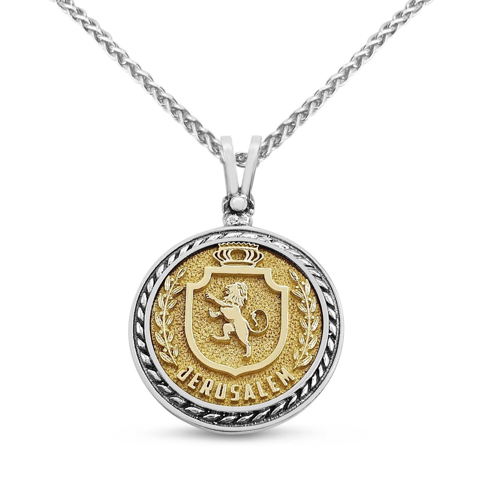 14K Gold and Sterling Silver Jerusalem Lion Hebrew Necklace,two Tone ...