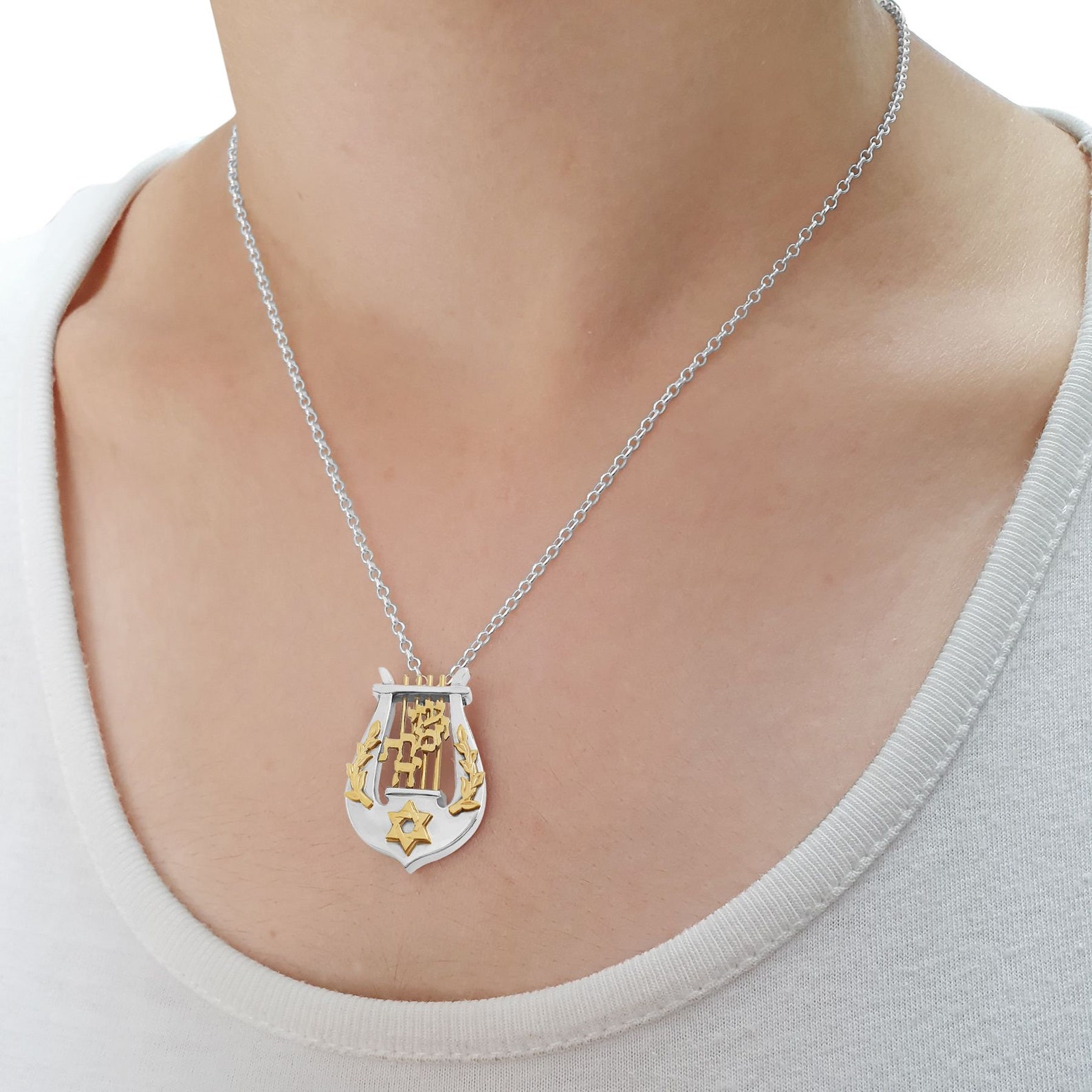 Silver and Gold Harp of David Lyre Pendant,bible Verse Hebrew Necklace ...