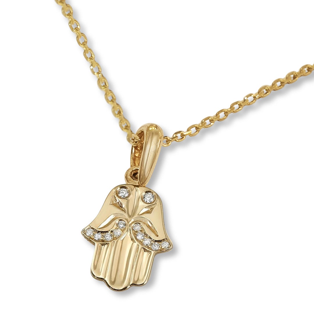 Small Gold Diamond Hamsa Pendant,14k Solid Gold Hand Pendant,white ...