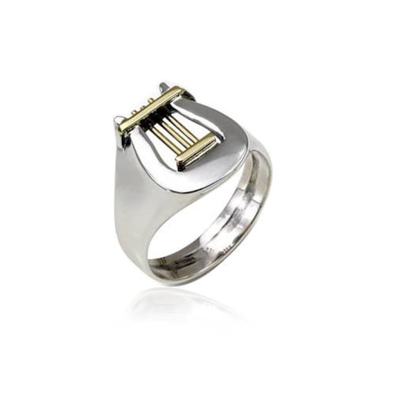 David's Harp Ring Sterling Silver and 14k Gold Signet | Etsy