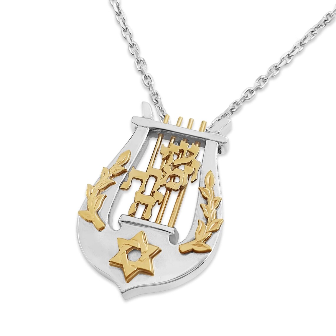 Silver and Gold Harp of David Lyre Pendant,bible Verse Hebrew Necklace ...