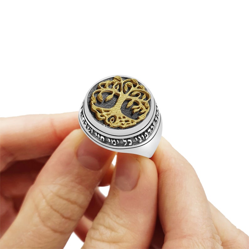 Silver and 14K Gold Tree of Life Ring,psalms Hebrew Biblical Verse ...