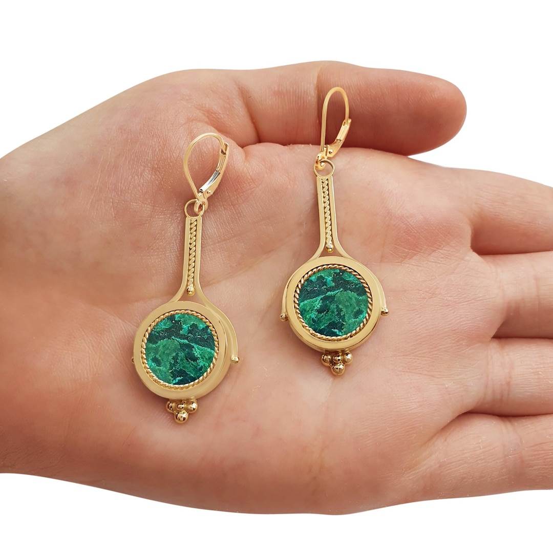 14K Solid Gold Natural Eilat Stone Earrings - Etsy