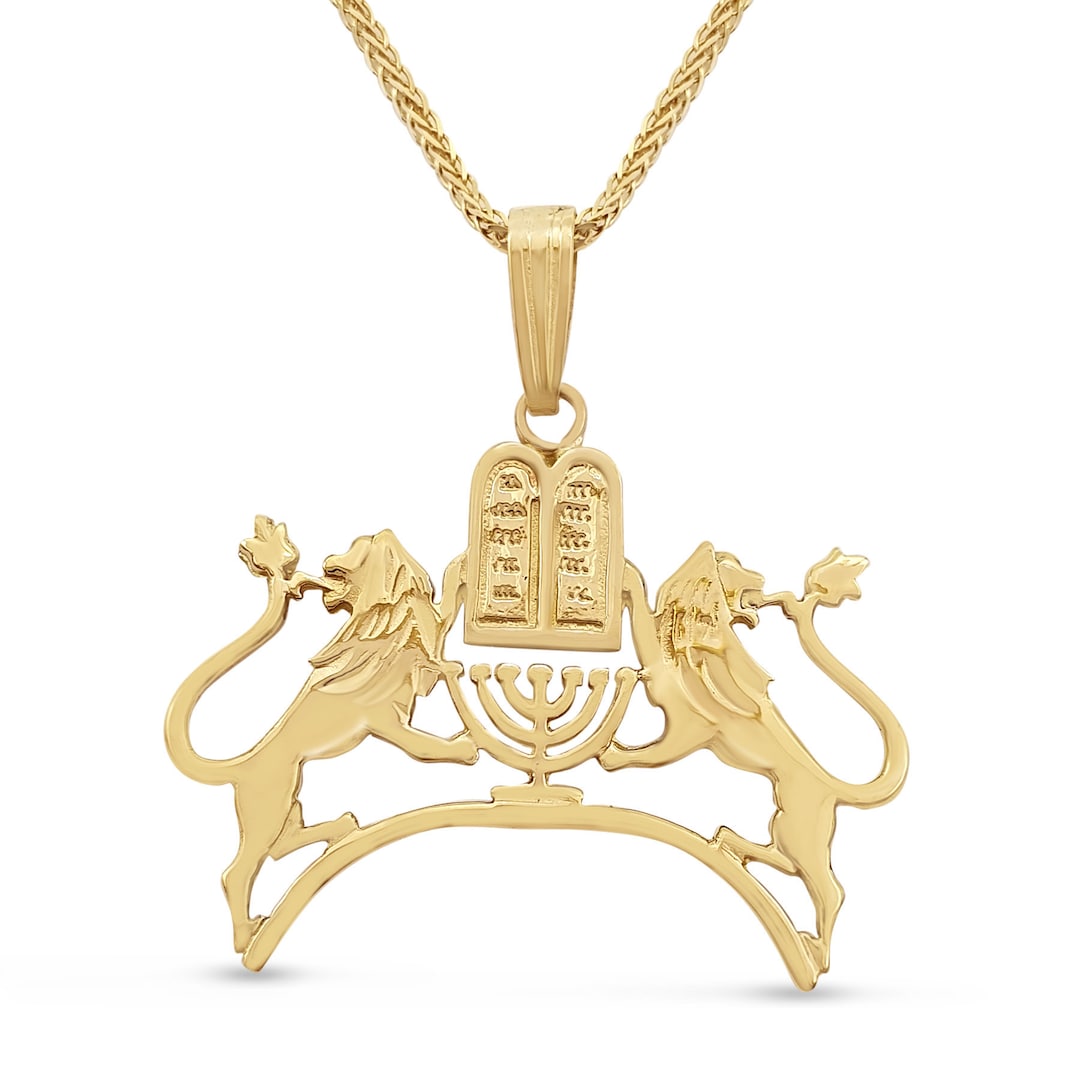 14K Yellow Gold Lion of Judah Pendant, Jewish Symbols Necklace, Ten ...